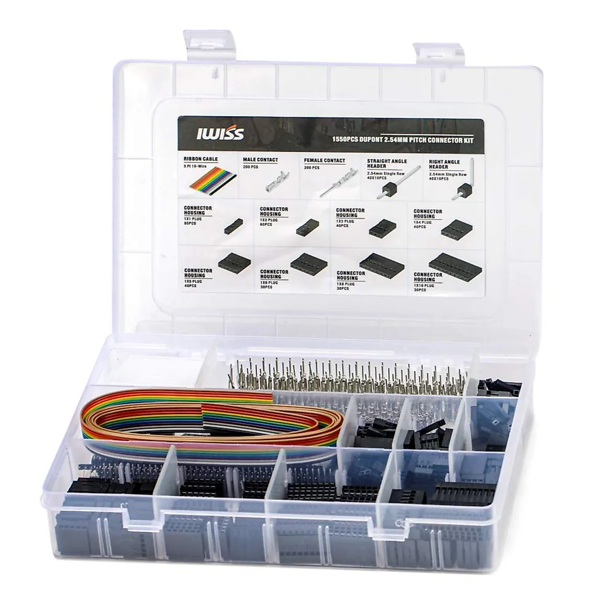 IWISS 1550PCS 2.54mm Pitch Wire-to-Wire Dupont Connector Kit, Includes Pin Headers, Jumper Wire, Crimp Pins for RC Servo, Arduino, SMT, SATA, EPS, PCIE, Battery Balancer