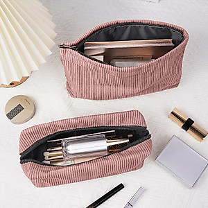 MAGEFY 2 Pcs Makeup Bags for Women, Corduroy Make up Bag for Purse Travel Makeup Bag Small Cosmetic Bags with Zipper Makeup Pouch for Travelling - Dusty Pink