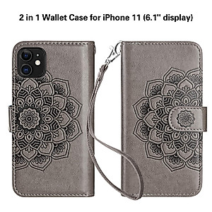 Vofolen 2-in-1 Case for iPhone 11 Case Wallet Credit Card Holder ID Slot Detachable Hybrid Protective Slim Hard Shell Magnetic PU Leather Folio Pocket Flip Cover for iPhone 11 6.1 inch Mandala Grey