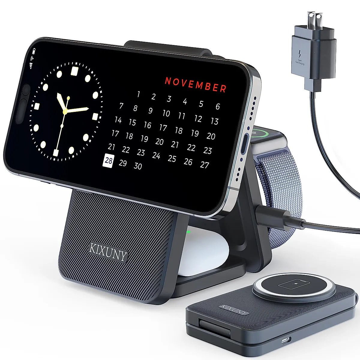 KIXUNY 3 in 1 Wireless Charging Station for Magsafe Charger Stand, Wireless Charger 3 in 1, Foldable Travel Charger 3 in 1 for iPhone15/14/13/12 and Apple Watch/AirPods/(Adapter Included)