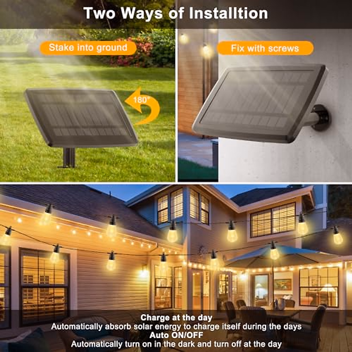 YSJ Solar String Lights Outdoor Waterproof,49FT 20 Bulb Solar Outdoor String Lights,Solar Powered Outdoor String Lights with USB-C Port and Remote Control,Camping Decoration Garden (Black)