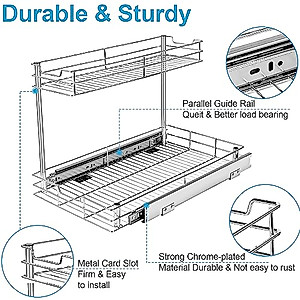 2 Tier Pull Out Cabinet Organizer, 20.7" D x 12.7" W x 13.9" H, Heavy Duty, Under Sink Slide Out Storage, Sliding Wire Drawer Base Cabinet for Kitchen Bathroom Pantry, Chrome