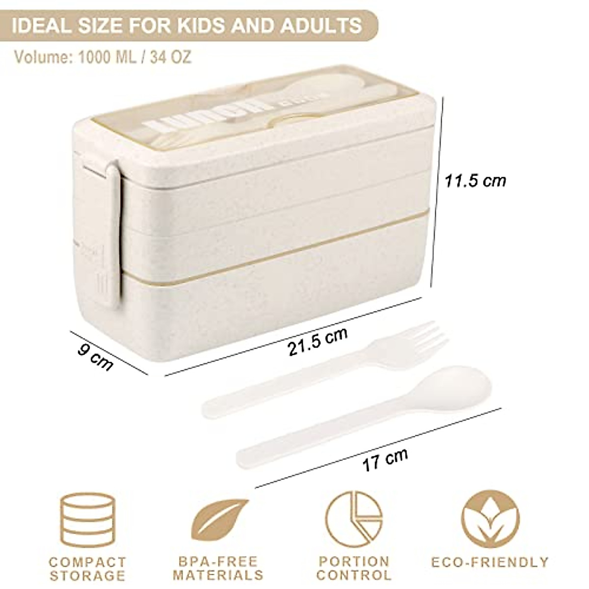 ASYH Bento Box Lunch Box, 3-In-1 Compartment Meal Prep Stackable Containers 1000ML, Japanese Style Lunch Box with Fork and Spoon for Adults Office, Microwave Safe (Khaki)