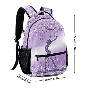 Custom Kid Backpack, Violet Purple Glitter Print Girls Gymnastics Personalized School Bookbag with Your Own Name, Casual Bookbags for Student Girls Boys