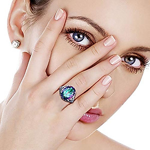 SzjinAo Women Sterling Silver 6ct Round Mystic Fire Rainbow Topaz Stone Vintage Design Engagement Jewelry Valentine's Day New Year Ring (7-)