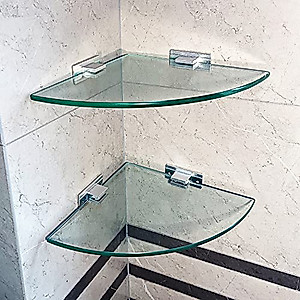 MOGFCT Bathroom Glass Shelf Shower Caddy Shelves with Aluminum Bracket Shampoo Holder Organizer Tempered Triangle Glass 8MM Extra Thick 2 Pack Wall