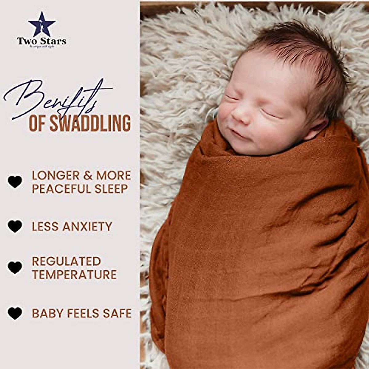 Two Stars Cotton Muslin Swaddle Blanket 1-Pack for Baby Girl 100% Cotton Muslin Extra-Large Swaddle Blankets (47” x 47”) (Claybank)