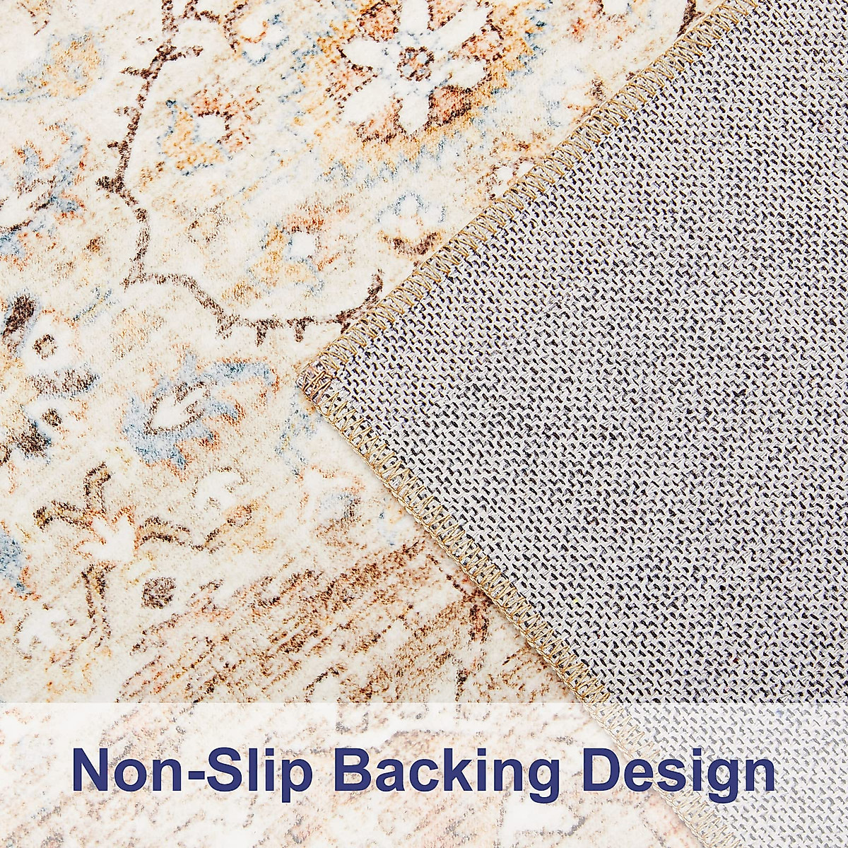 Area Rug 9x12 Living Room: Soft Large Washable Rugs with Non-Slip Rubber Backing Stain Resistant Modern Indoor Boho Vintage Carpet for Bedroom Dining Nursery Room Home Office (Beige/Brown)