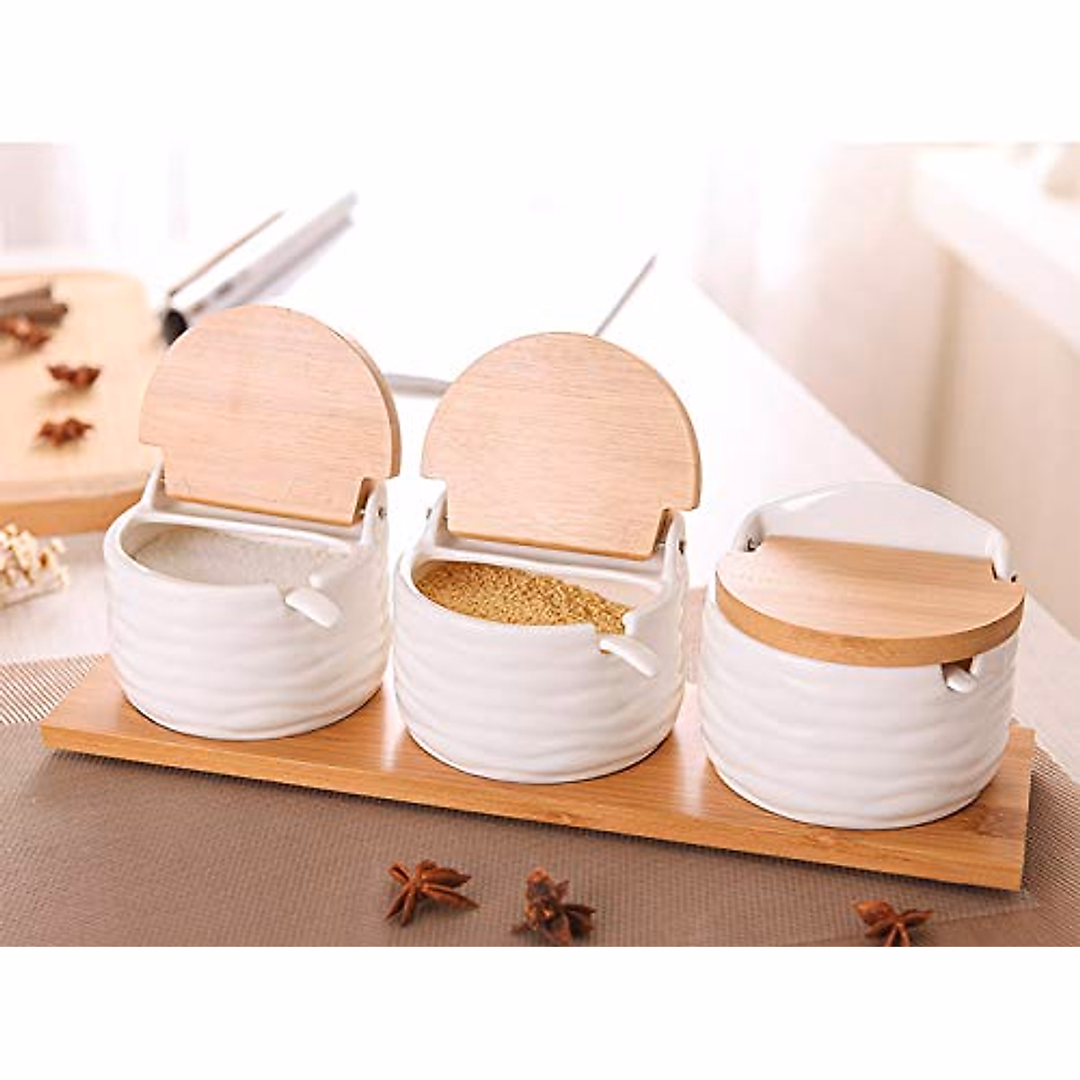 Lawei 3 pack Ceramic Sugar Bowls Set - 9 oz Porcelain Condiment Jar Spice Container with Spoons and Lids for Home and Kitchen