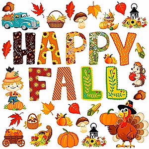 56 PCS Happy Fall Cut-Outs Pumpkin Maple Leaves Cut Outs Turkey Corn Sunflower Cutouts with 100 Glue Point, Autumn Paper Decoration for Fall Thanksgiving Theme Classroom Bulletin Board Wall Decor