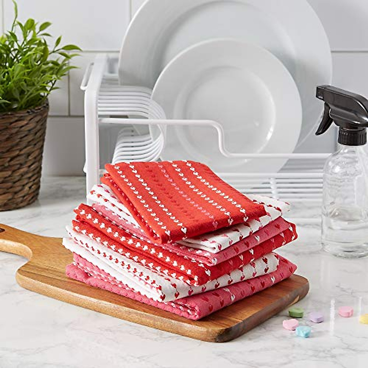 DII Valentine's Day Collection Kitchen, Dishtowel/Dishcloth Set, Hearts Dobby Stripe, 6 Piece