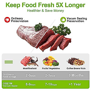 OSEYM Vacuum Sealer Machine, 80Kpa Automatic Food Sealer Machine, Food Sealers Vacuum Packing Machine with Cutter & Bags, Air Sealing System for Dry/Moist Modes, Sealing Time Display, LED Indicator Lights, Visible Sealing Affection