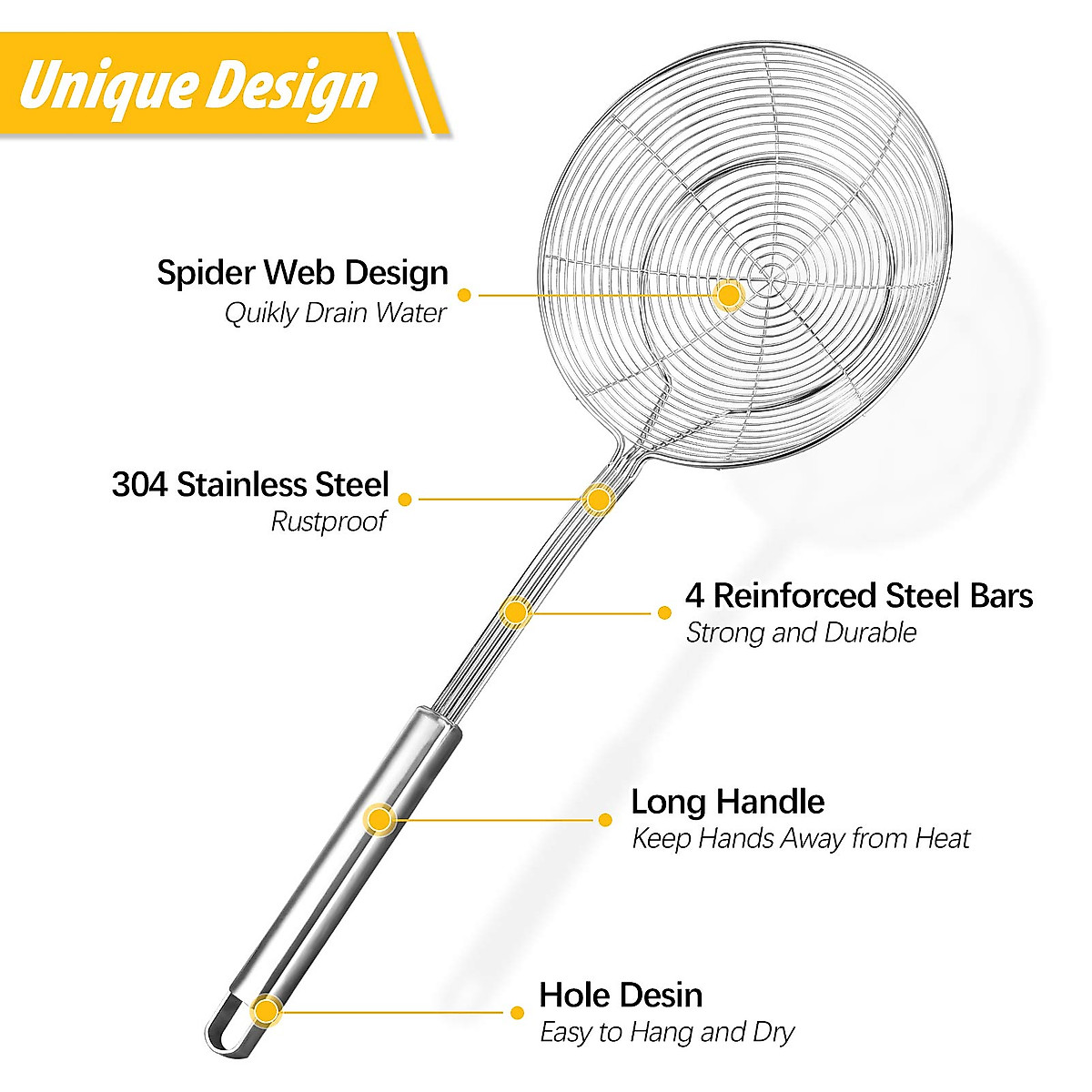 Pack of 2 Large Spider Strainer, Stainless Steel Skimmer Basket,Kitchen Ladle Strainers,Mesh Spoons with Long Handle, Cooking Tools for Frying, Boiling Noodles, Dumplings, Pasta