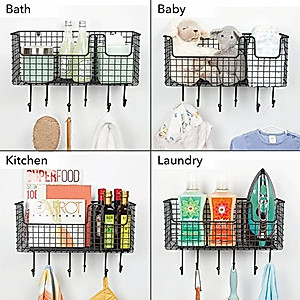 mDesign Metal Wire Farmhouse Wall Decor Storage Organizer Basket with 6 Hooks for Entryway, Hallway, Mudroom, Bedroom, Bathroom, Laundry Room - Wall Mount - Black