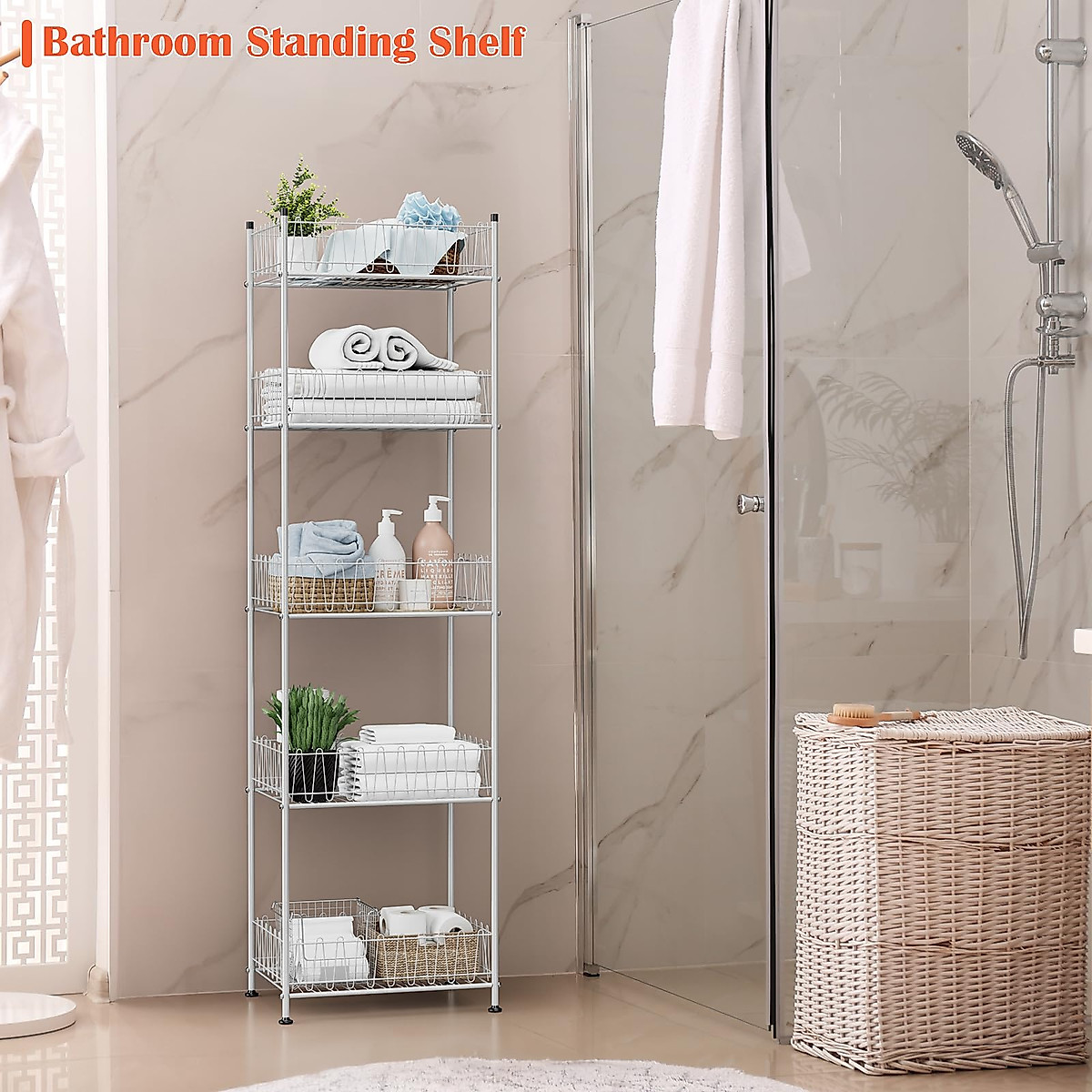 smusei Bathroom Storage Shelf Freestanding Bathroom Shelves Organizer, 5 Tier Bathroom Towel Storage Rack Stand Metal Wire Shelving Units for Small Space Kitchen Pantry Laundry Room, Silver