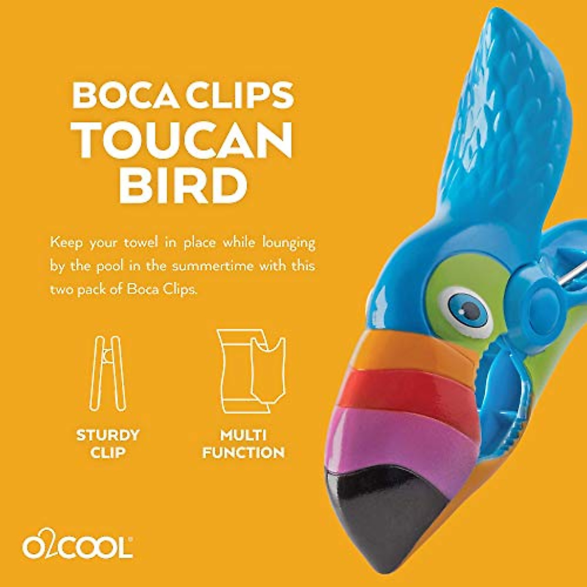 O2COOL Bocaclips - Beach Towel Clips For Beach Chairs, Patio And Pool Accessories - (Toucan) 2 Count