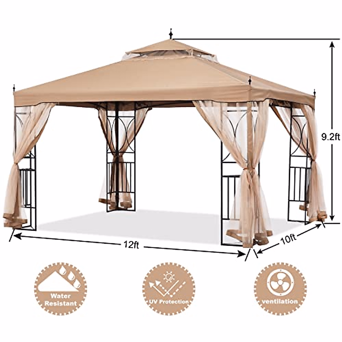 ABCCANOPY Patio Outdoor Gazebo 10X12 - Gazebo Canopy with Netting and Corner Frame Screen Wall for Backyard,Garden Gazebo Lawn (Khaki)