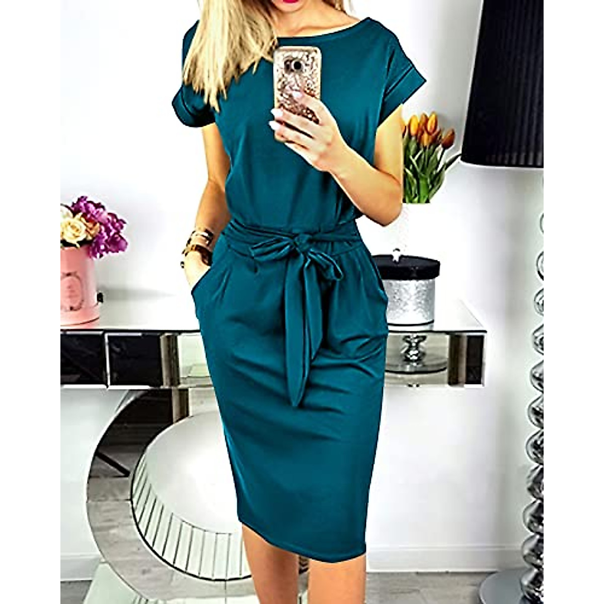 PRETTYGARDEN Women's Summer Short Sleeve Crewneck Striped Dress Basic Solid Tie Waist Office T Shirt Dresses Pockets Dark Green