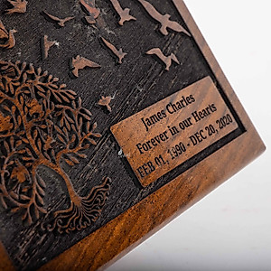 INTAJ Cremation Urn for Human Ashes Adult Male Female - Tree of Life Wooden Box Urn for Ashes - Handmade Decorative Funeral Urn (Customised Tree Birds, L (9x6x5) 185 Cu/in)