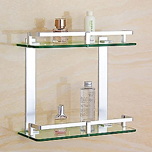 BUNCC Wall Mounted Space Aluminum Shampoo Soap Storage Holder Glass Bathroom Shelf 2 Layers Tempered Glasses Shelves Bathroom Accessories
