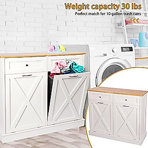 TOLEAD Farmhouse Style Kitchen Trash Cabinet, Double Tilt Out Trash Can Cabinet with Barn Door, Solid Wood Tabletop, Pet Proof, Odor Blocking, Laundry Cabinet Keep Clean