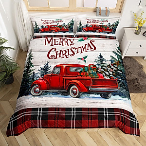 Merry Christmas Duvet Cover Set Twin Size,Vintage Xmas Truck Comforter Cover Red Black Checkered Bedding Set 2Pcs for Kids Girls Boys Bedroom Decor,Rustic Farmhouse Wood Quilt Cover,1 Pillowcase