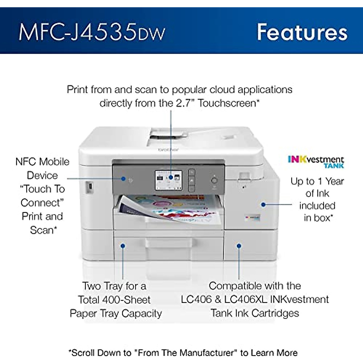 Brother MFC-J4535DW INKvestment Tank All-in-One Color Inkjet Printer with NFC, Print Scan Copy Fax, Auto 2-Sided Printing, Built-in Wireless, 4800 x 1200 dpi, White, Bundle with JAWFOAL