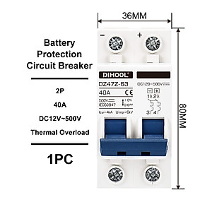 DIHOOL 40 Amp dc circuit breaker, 2-pole 500V DIN Rail Mount solar disconnect switch for Solar panels