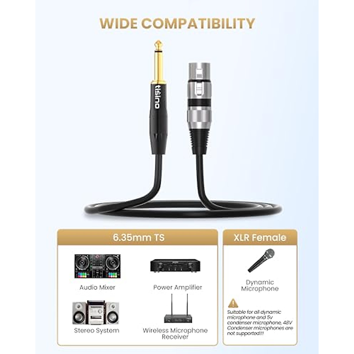 tisino Female XLR to 1/4 (6.35mm) TS Mono Jack Unbalanced Microphone Cable Mic Cord for Dynamic Microphone - 10 FT/3 Meters