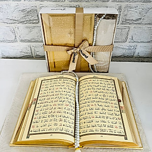 Muslim Prayer Rug,Full Arabic Thermo Leather Covered Quran(8 * 5.5 inc / 20 * 14 cm) and Prayer Beads I Perfect Islamic Gift I Muslim for Men&Women I Soft Islamic Prayer Mat | Luxury Gifts (Gold)