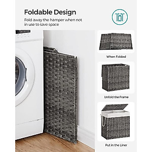 SONGMICS 130L Clothes Hamper with Lid, 2 Removable Liner Bags & 6 Mesh Bags, Wicker, Double Laundry Basket for Bathroom, 13 x 26 x 23.6 Inches, Gray ULCB253G01