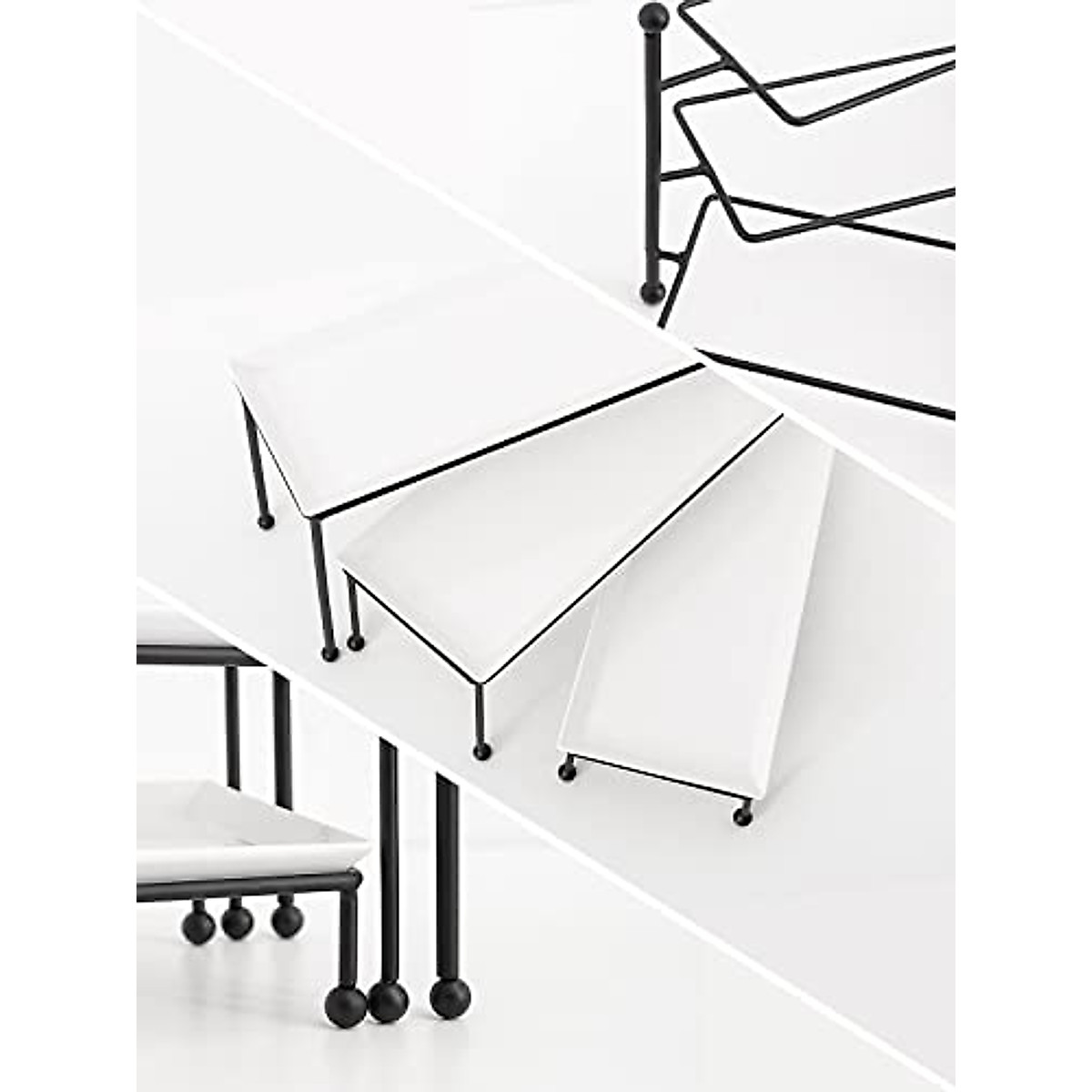 Kanwone 3 Tiered Serving Stand with White Porcelain Platters, Swivel Food Display Stand, 14.5" x 6" Tier Serving Trays with Black Metal Stand for Entertaining, Dessert Stand