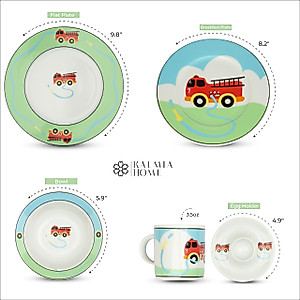 Children's Porcelain Dinnerware Sets, Kids Dinnerware Sets, Kids Porcelain Plates - Bowl - Junior Mug - Egg Cup Sets, Children's Porcelain Tableware Sets (Firetruck)