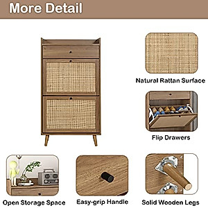 TehRecBT Rattan Shoe Cabinet,Freestanding Shoe Rack Storage Organizer with 2 Flip Drawers & 1 Storage Drawer, Modern Shoe Storage Cabinet with Wood Legs for Entryway (Wood Grain)