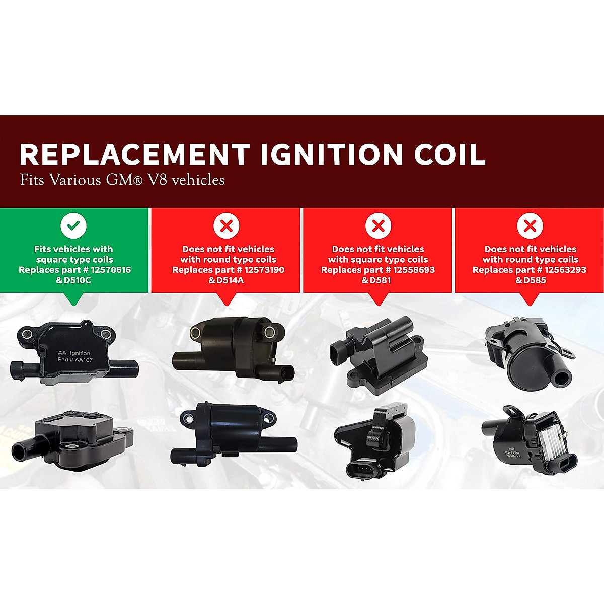 Ignition Coil Pack - Replaces 12570616, D510C - Compatible with Chevrolet, GMC, Cadillac 5.3L, 6.0L V8 & More - G8, Grand Prix, H3, Tahoe, Yukon, Silverado, Impala, Envoy, Trailblazer