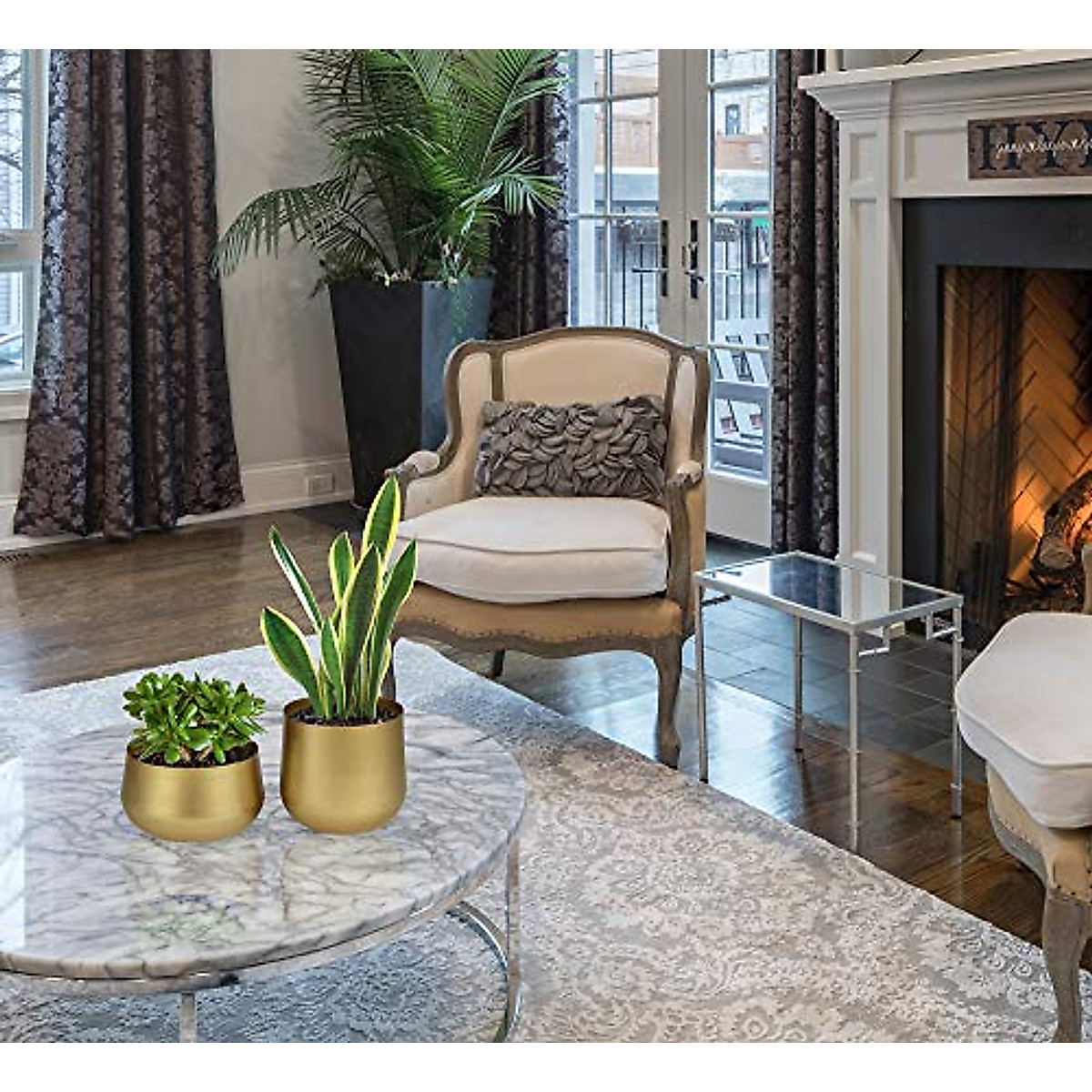 Vixdonos Gold Metal Flower Pots Brass-Toned Garden Planters, 7.1/6.3 Inch Indoor Round Succulent Containers, Pack 2 Cactus Plant Pots with Drainage Hole