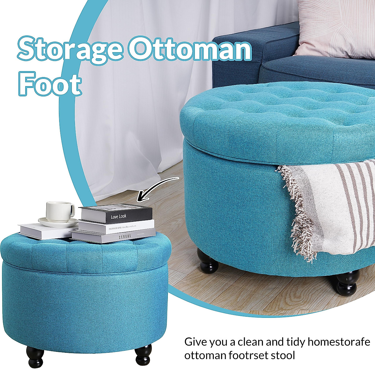 Elevon Large Button Tufted Accent Round Storage Ottoman Upholstered Ottoman with Storage for Living Room & Bedroom, 24.4" x 24.4" x 16.9"