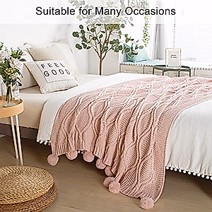 Chunky Knit Blanket with pom poms- Thick, Soft, Big, Cozy Throw Blankets for Couch, Bed, Sofa, Chair-50×60 Inches,Pink