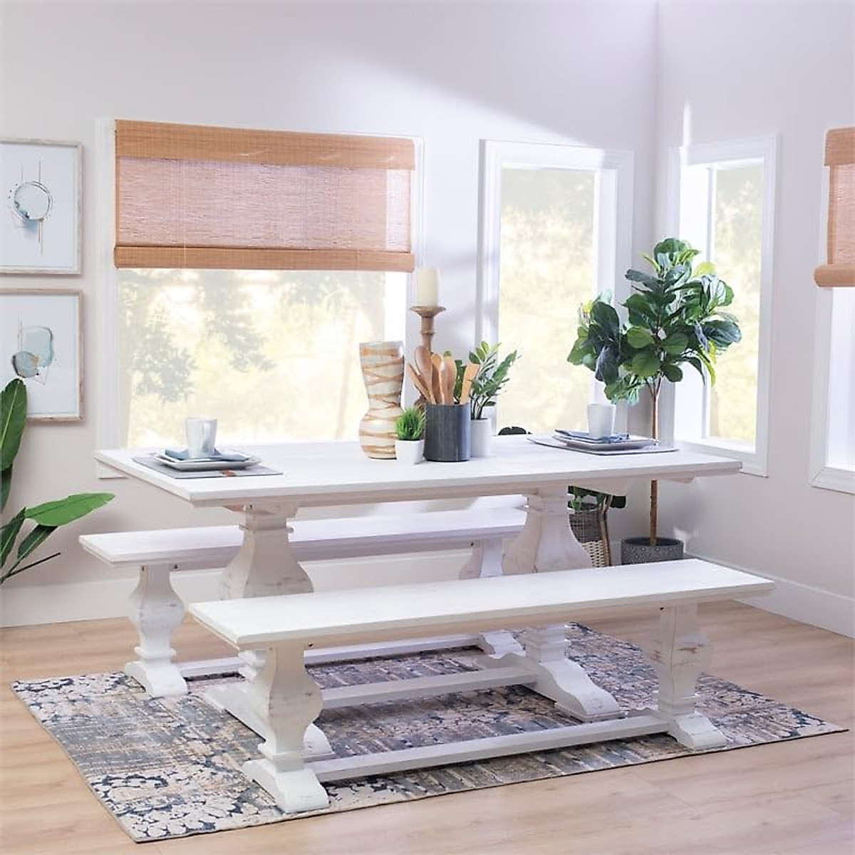 Linon Larson Solid Pine Wood Double Pedestal Dining Bench in Distressed White