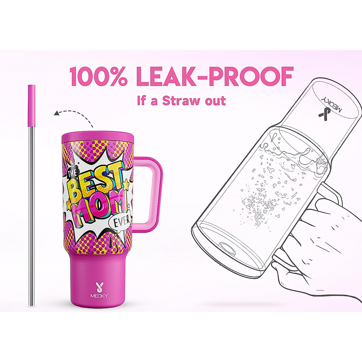 Meoky Mothers Day Gifts for Mom, 40 oz Tumbler with Handle and Straw, Tumbler with Lid and Straw, Insulated Stainless Steel Travel Mug, 100% Leak-proof, Keeps Cold for 34 Hours (Best Mom)