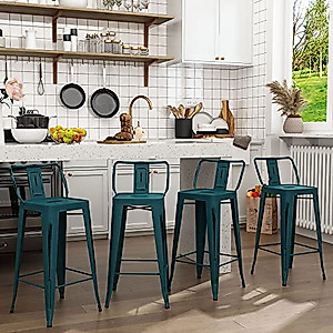 Andeworld Distressed Bar Stools Set of 4 Industrial Counter Stools Metal Barstools with Backrest (30 Inch, Distressed Design Teal)