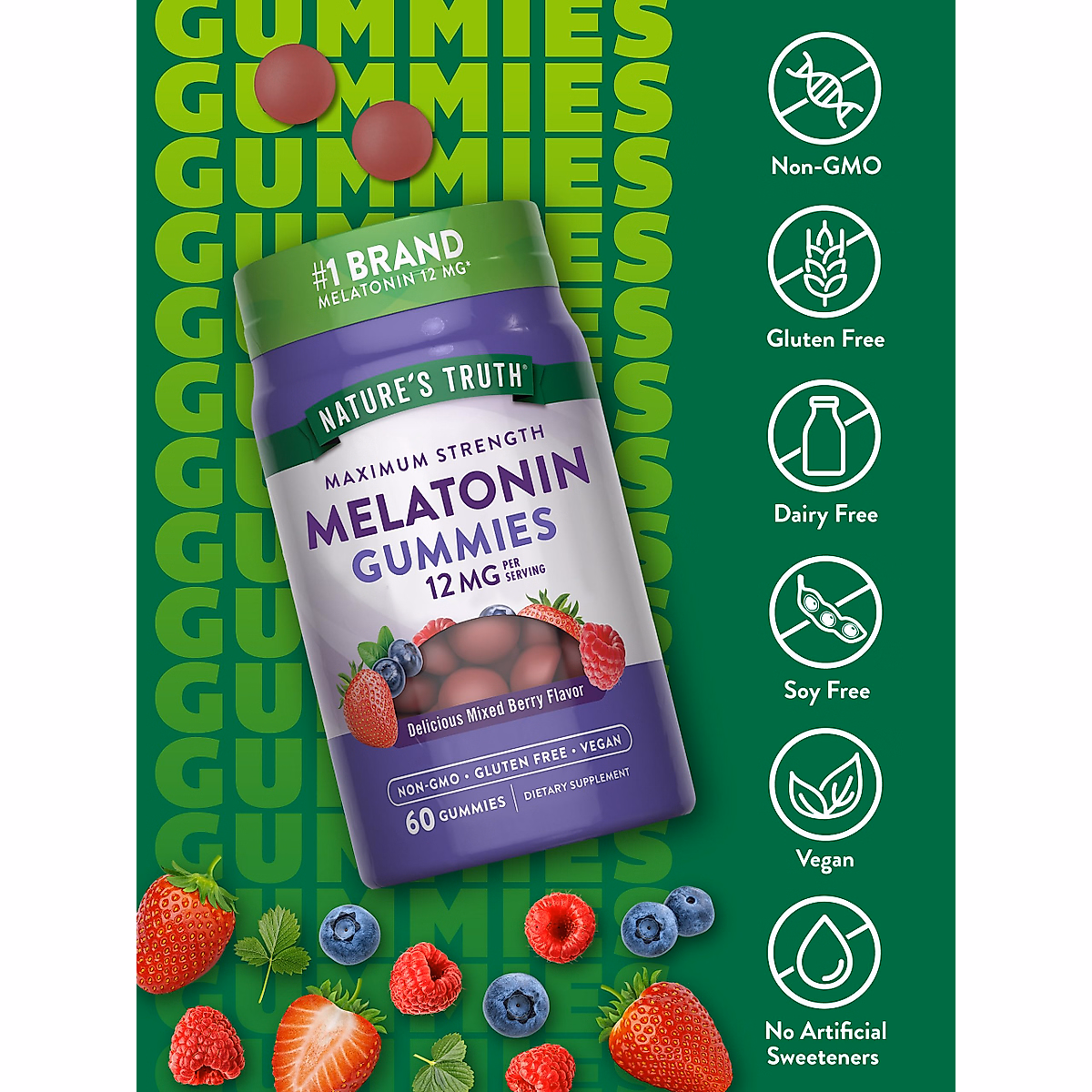 Nature's Truth Melatonin Gummies | 12mg | Mixed Berry Flavor | Vegan, Non-GMO & Gluten Free Supplement