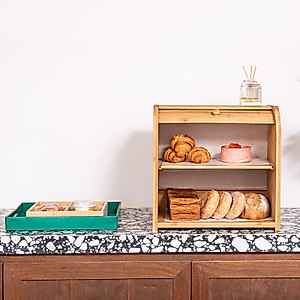 UIELPT Double Layer Large Bread Box for Kitchen Counter,Bamboo Large Capacity Bread Storage Bin,Counter-Large Capacity Bread Storage Container Farmhouse Bread Box with Flexible Sliding Door