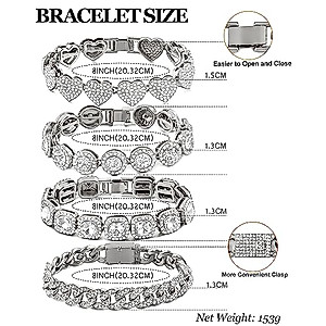 shopbyskyler 4PCS Gold Silver Bracelets for Women Diamond Cuban Bracelet Layered Link Bracelet Set Fashion Jewelry (Silver, 8inch)