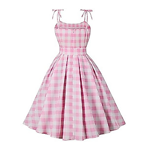 Nihsatin Barbie Pink Swing Dress Tie Shoulder Plaid Printed Knot Waist Dress