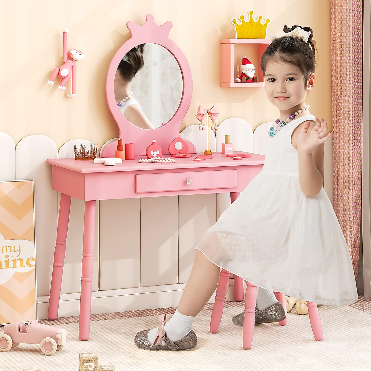 HONEY JOY Pink Crown Makeup Vanity, Includes Chair & Real Glass Mirror, Large Engineered Wood Kids' Vanity Set, Safe & Sturdy, Easy to Install & Clean, Pink