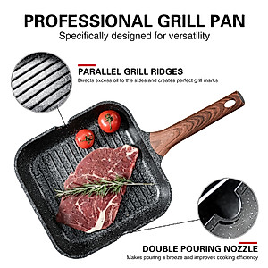 Kordisen Nonstick Grilling Pan for Stove Tops, 9.5 Inch Square Grill Pan for Indoor Cooking, Granite Coating Grill Skillet with Pour Spouts, Versatile Griddle, Induction Steak Pan, PFOA Free