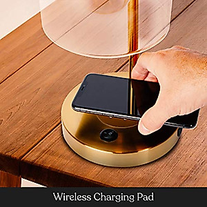 Brightech Elizabeth Table Lamp with Wireless Charging Pad and USB Port, Bedside Reading Lamp, Vintage Brass Gold Desk Lamp, Nightstand Lamp with LED Bulb for Bedroom, Living Room, Office