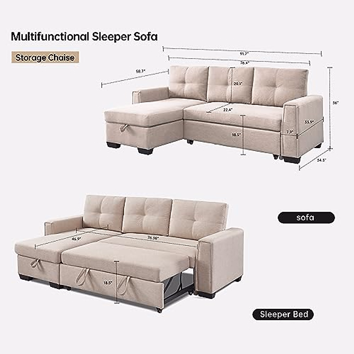 American Furniture Classics Beige Tufted Sectional Chaise Sofa Sleeper with Storage, 92" x 59" x 36"
