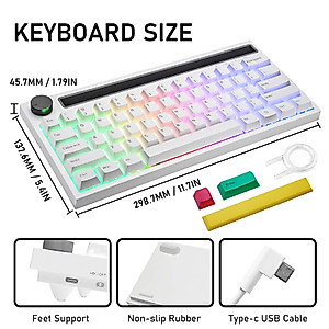Bluetooth Mechanical Gaming Keyboard with 19 RGB Backlight Mini 61 Key Multimedia Knob Rechargeable 4400mAh Battery Type C Wired/Wireless for PC Mac Mobile Phone Gamer Typist (White/Blue Switch)